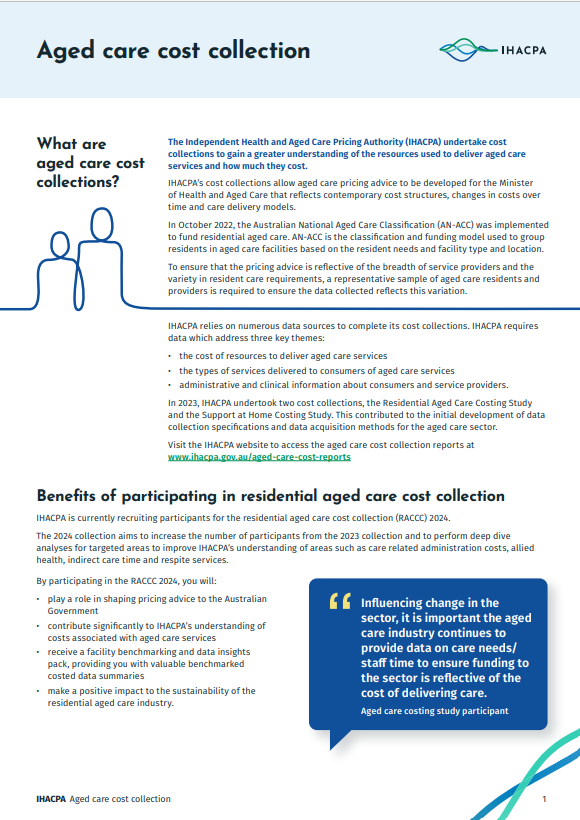 Aged Care Cost Collection Fact Sheet | Resources | IHACPA