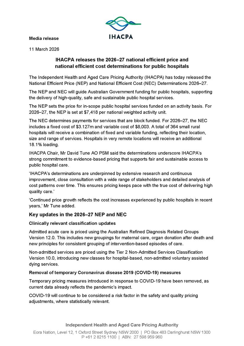 IHACPA Sets 2026-27 National Hospital Cost Benchmarks | Mirage News